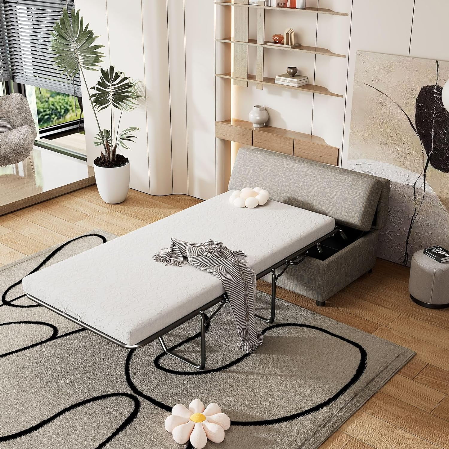 Folding Ottoman Bed Full Size with Mattress, Pull Out Linen Sleeper ...