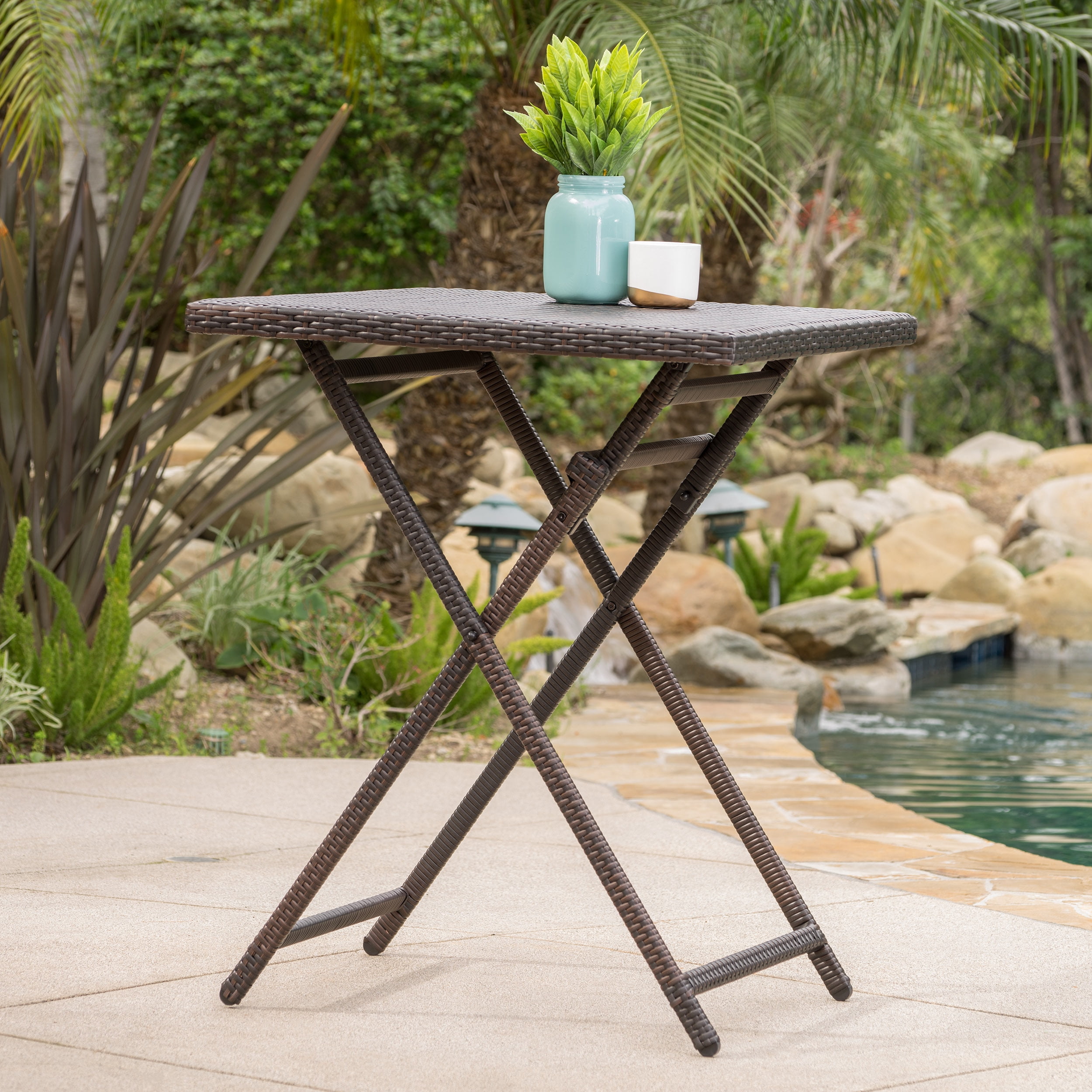 Folding Outdoor Bar Table - 41" Height Rattan Look with Powder-Coated ...