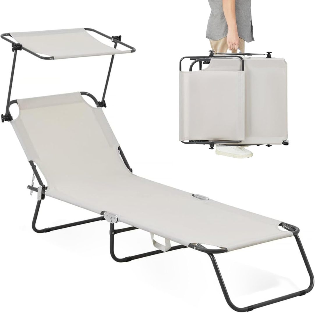 Folding Outdoor Lounge Chair with Canopy - Portable & Adjustable Beach ...