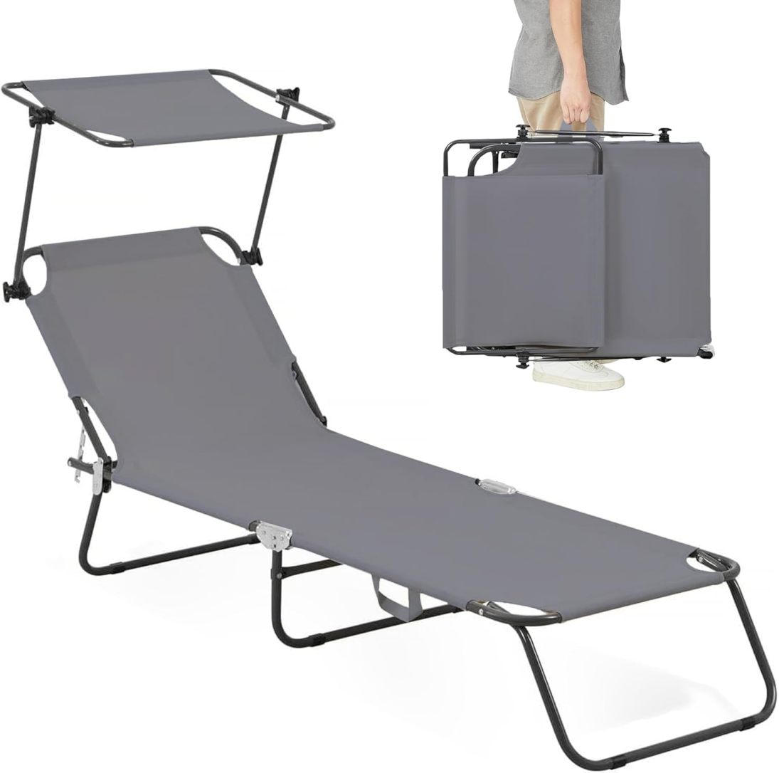 Folding Outdoor Lounge Chair with Canopy - Portable & Adjustable Beach ...