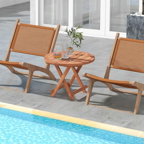 Folding Outdoor Side Table Set of 2, Teak Wood Patio Table with Slatted ...