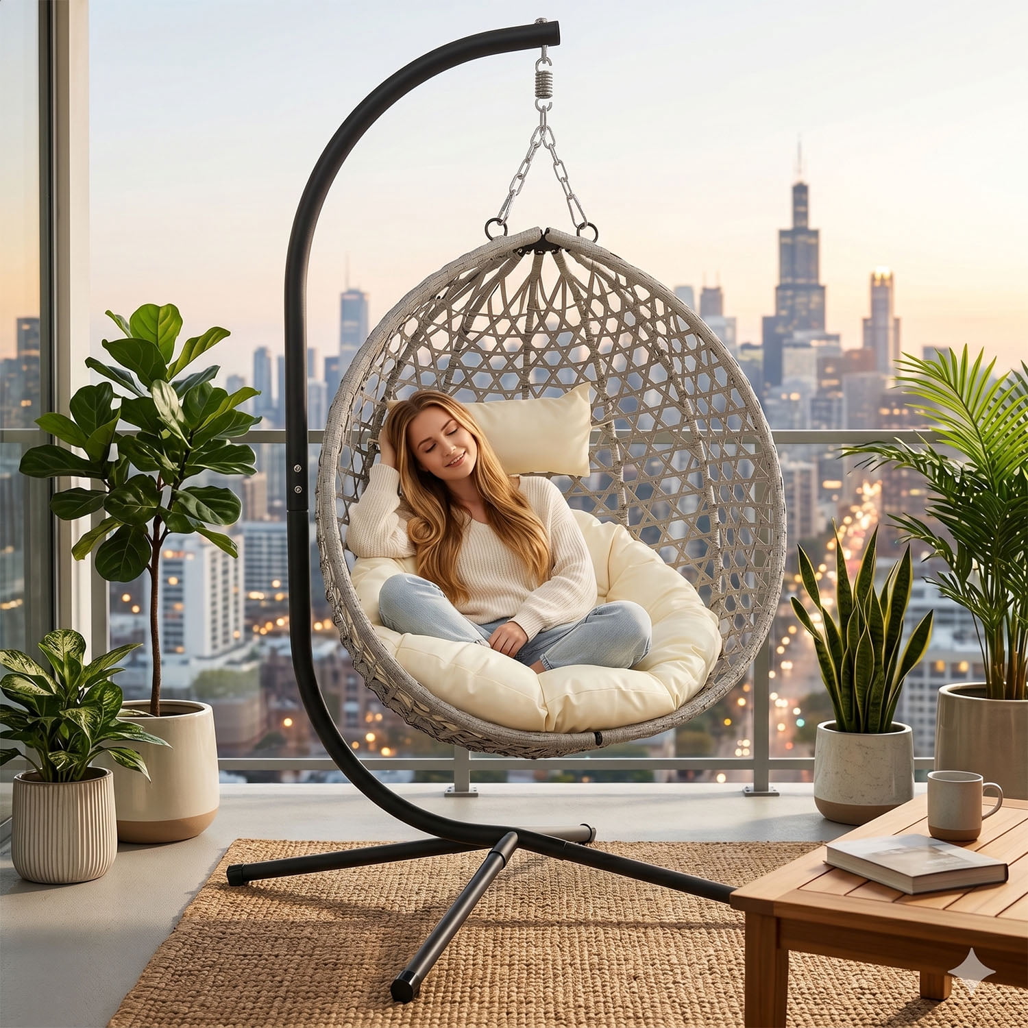 Folding PE Rattan Hanging Egg Chair with Stand, Gray Indoor Outdoor ...