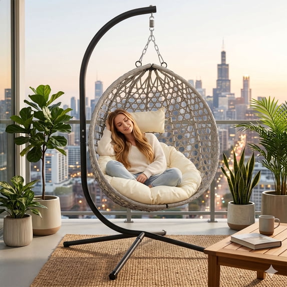 Folding PE Rattan Hanging Egg Chair with Stand, Gray Indoor Outdoor ...