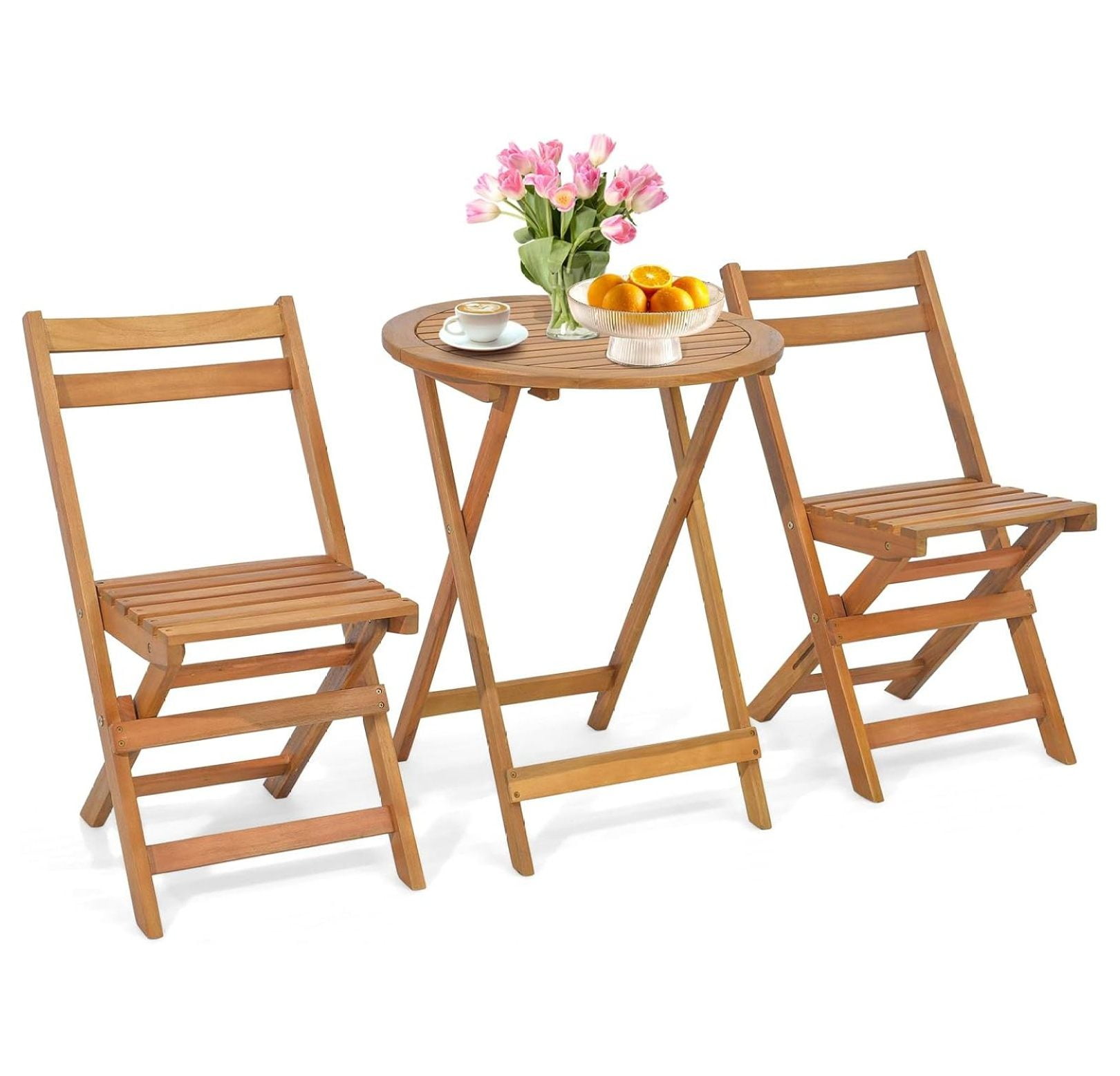 Folding Patio Bistro Set Wood Chair Table Set with Slatted Acacia Wood Seat & , Cozy High Back ...