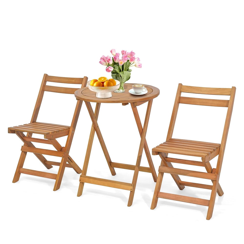 Folding Patio Bistro Set Wood Chair Table Set with Slatted Acacia Wood Seat & Tabletop, Cozy ...