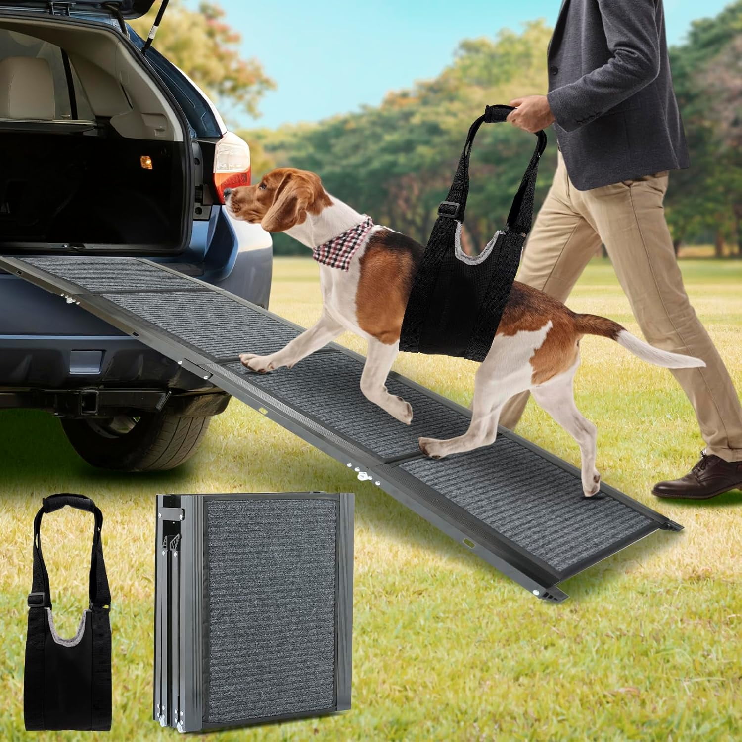 Folding Pet Car Ramp with Non-Slip Rug Surface, Portable Ramp with Dog ...