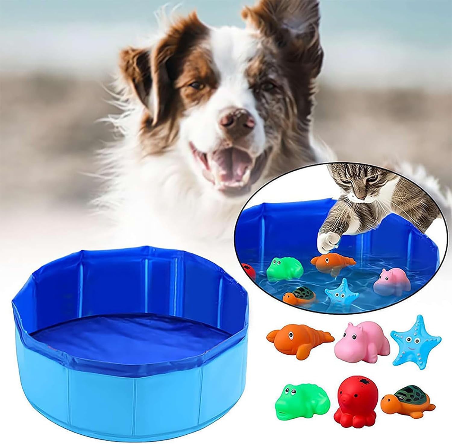 Folding Pet Pool with Toys, Mini Cat Pool Toy with Fish, Cat Pool with ...