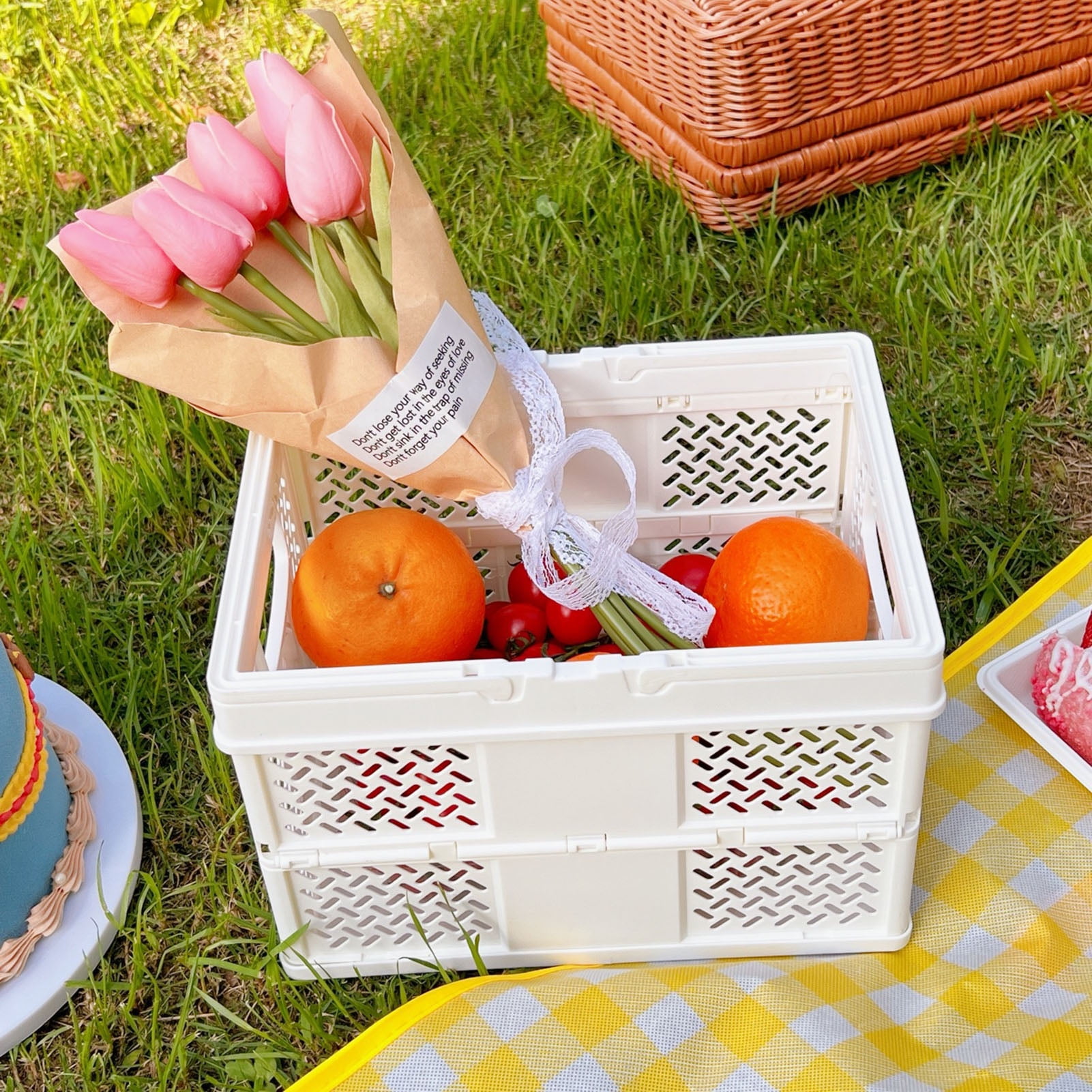 Folding Picnic Basket Stackable Storage Box Plastic Grocery Shopping ...