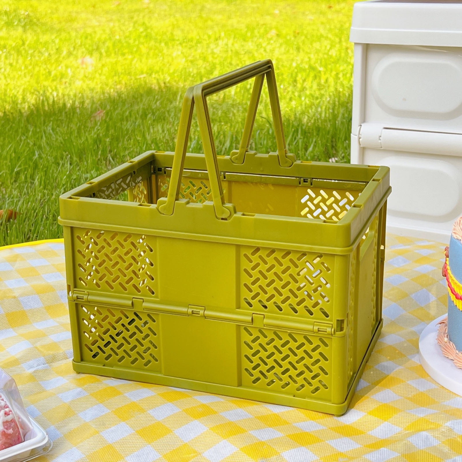 Folding Picnic Basket Stackable Storage Box Plastic Grocery Shopping ...