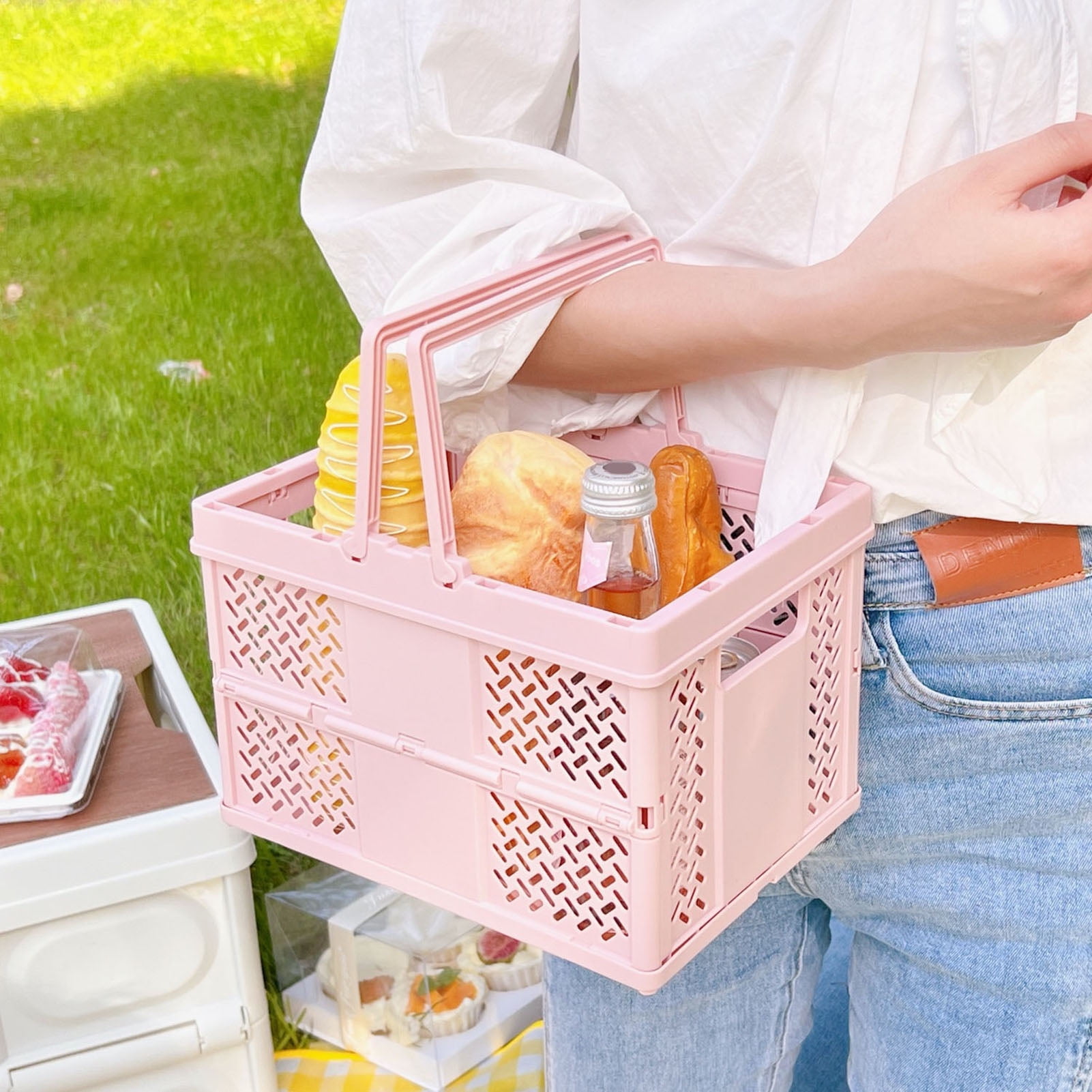 Folding Picnic Basket Stackable Storage Box Plastic Grocery Shopping ...