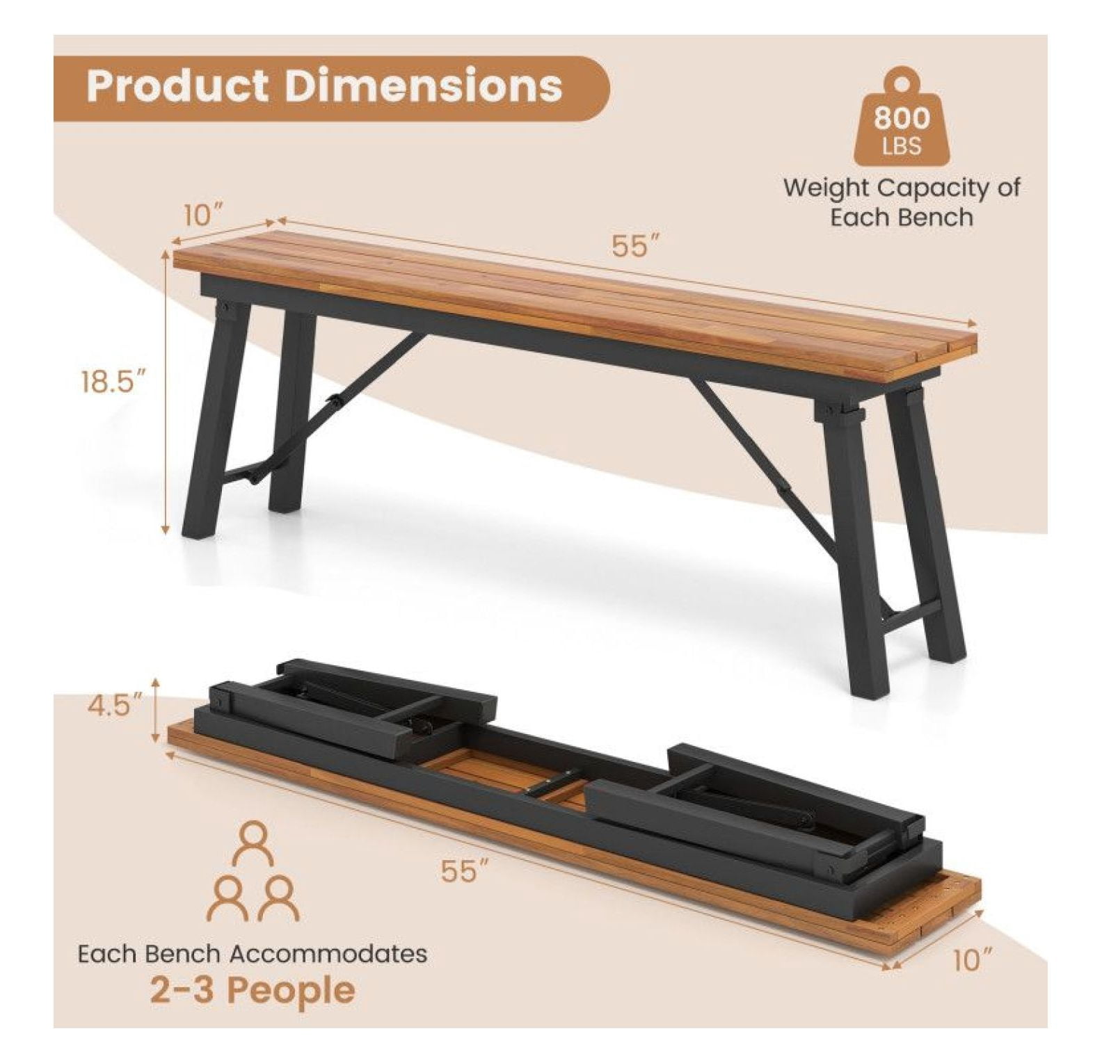 Folding Picnic Bench Set, Acacia Wood Outdoor Dining Benches for 2-3 ...