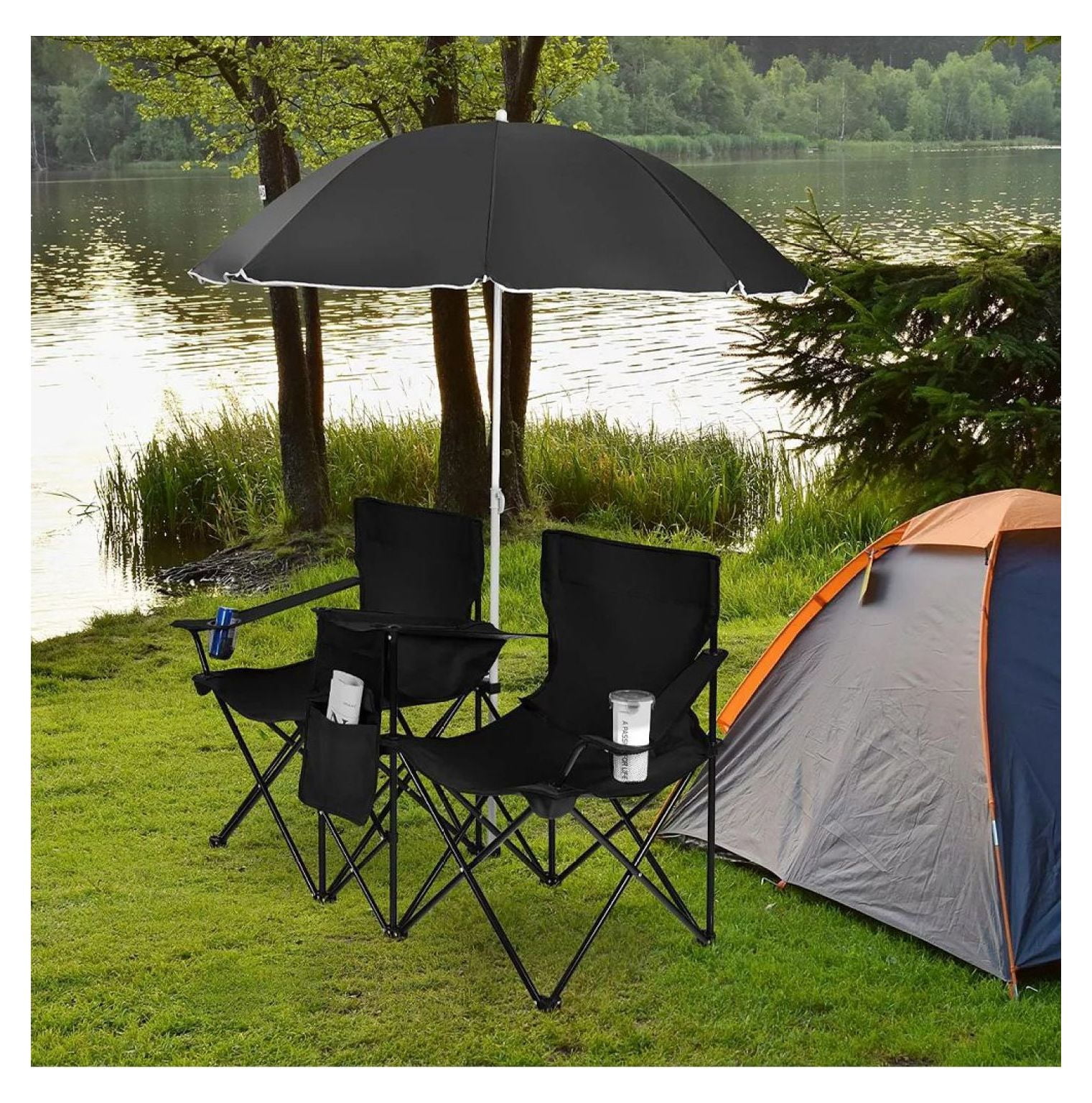 Folding Picnic Chair Double with Umbrella, Portable Outdoor Loveseat ...