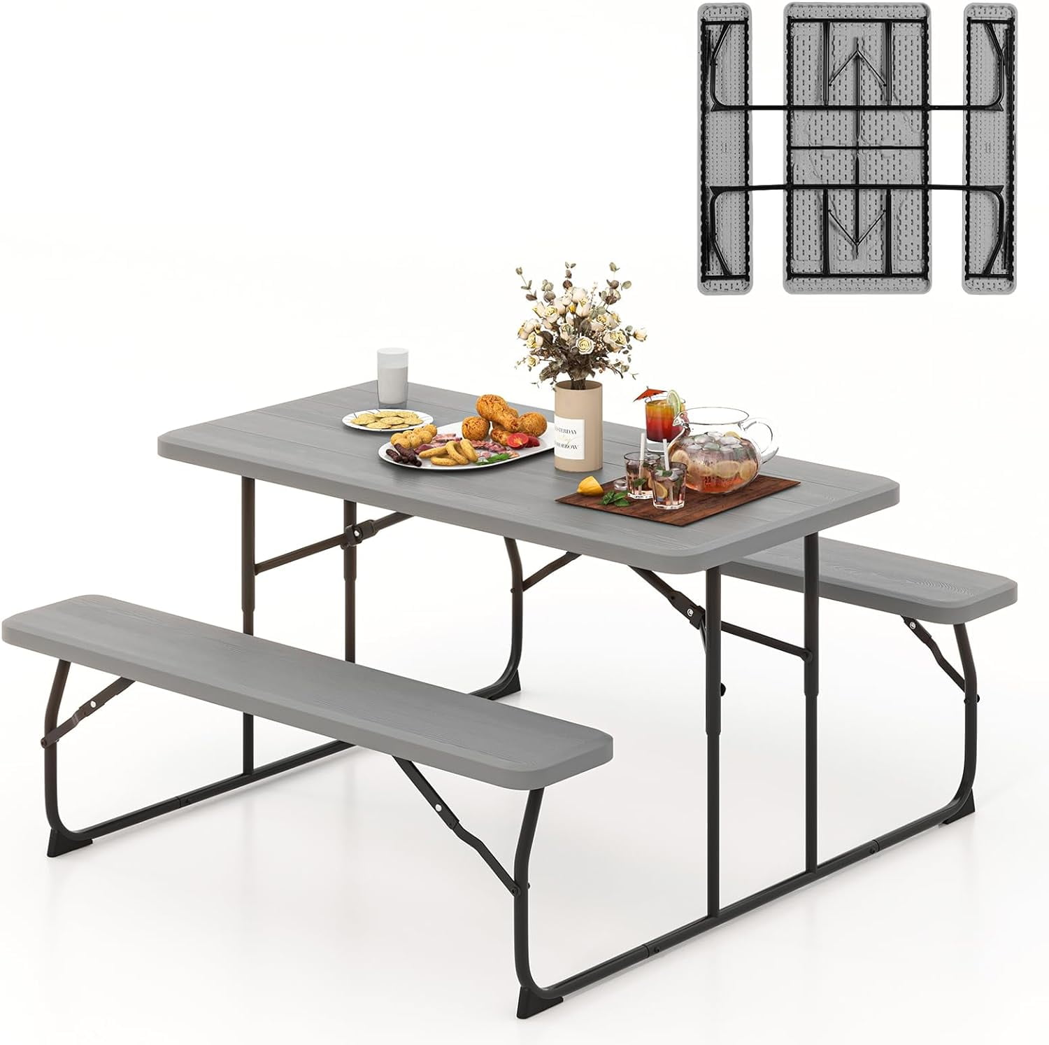 Folding Picnic Table with 2 Benches, Outdoor Metal Camping Table Set ...