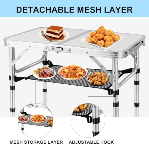 Folding Picnic Table,3 Adjustable Height Camping Table with Mesh Layer ...