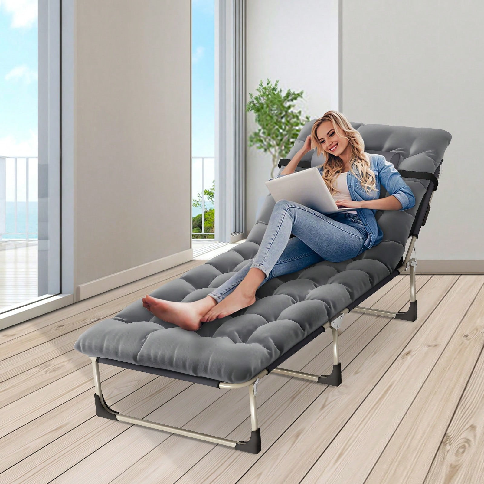 Folding Portable Chaise Lounge Lay Flat Reclining Chair, With Outdoor ...