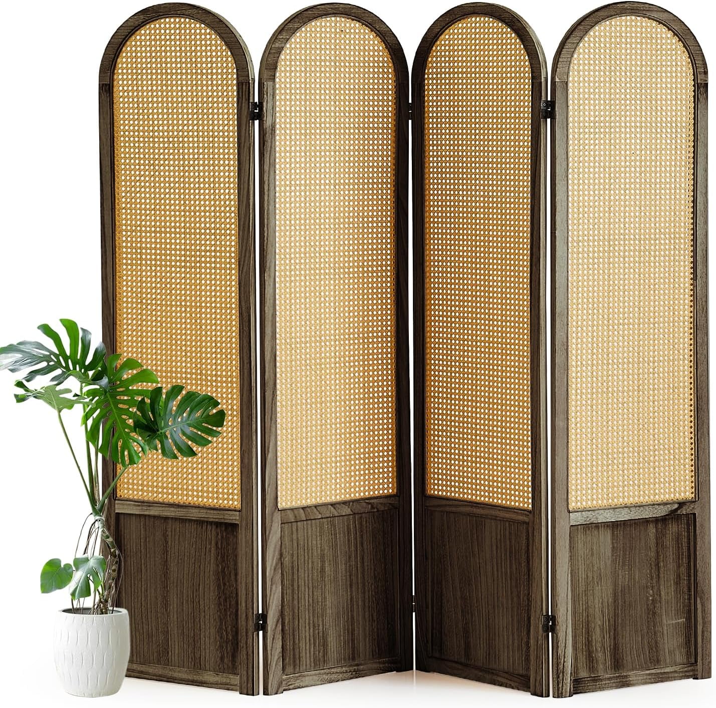 Folding Rattan Room Divider with Shelves and Double Hinges, Foldable ...
