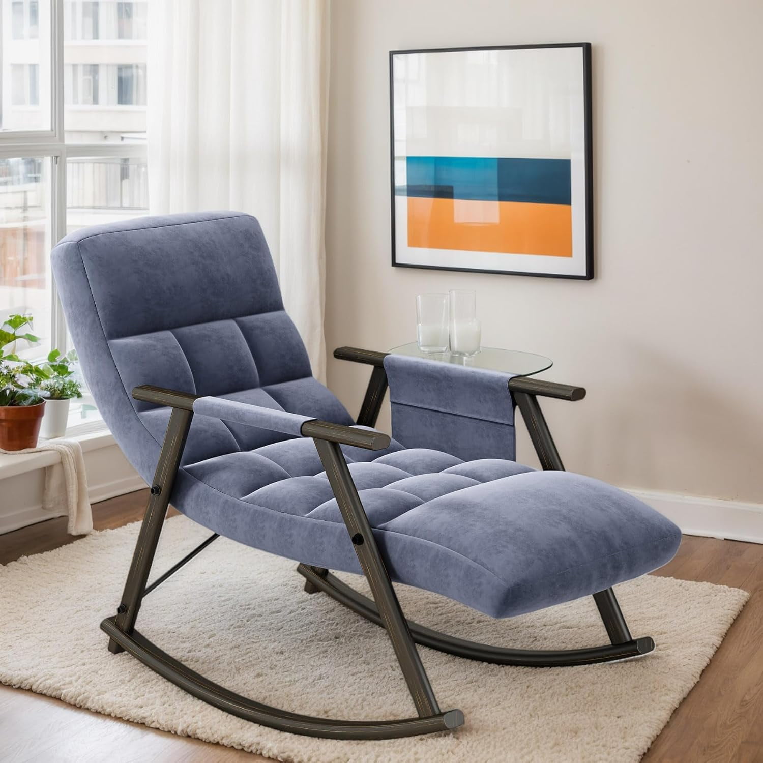 Folding Rocking Chair Nursery with Armrests, Upholstered Lounge Chair ...