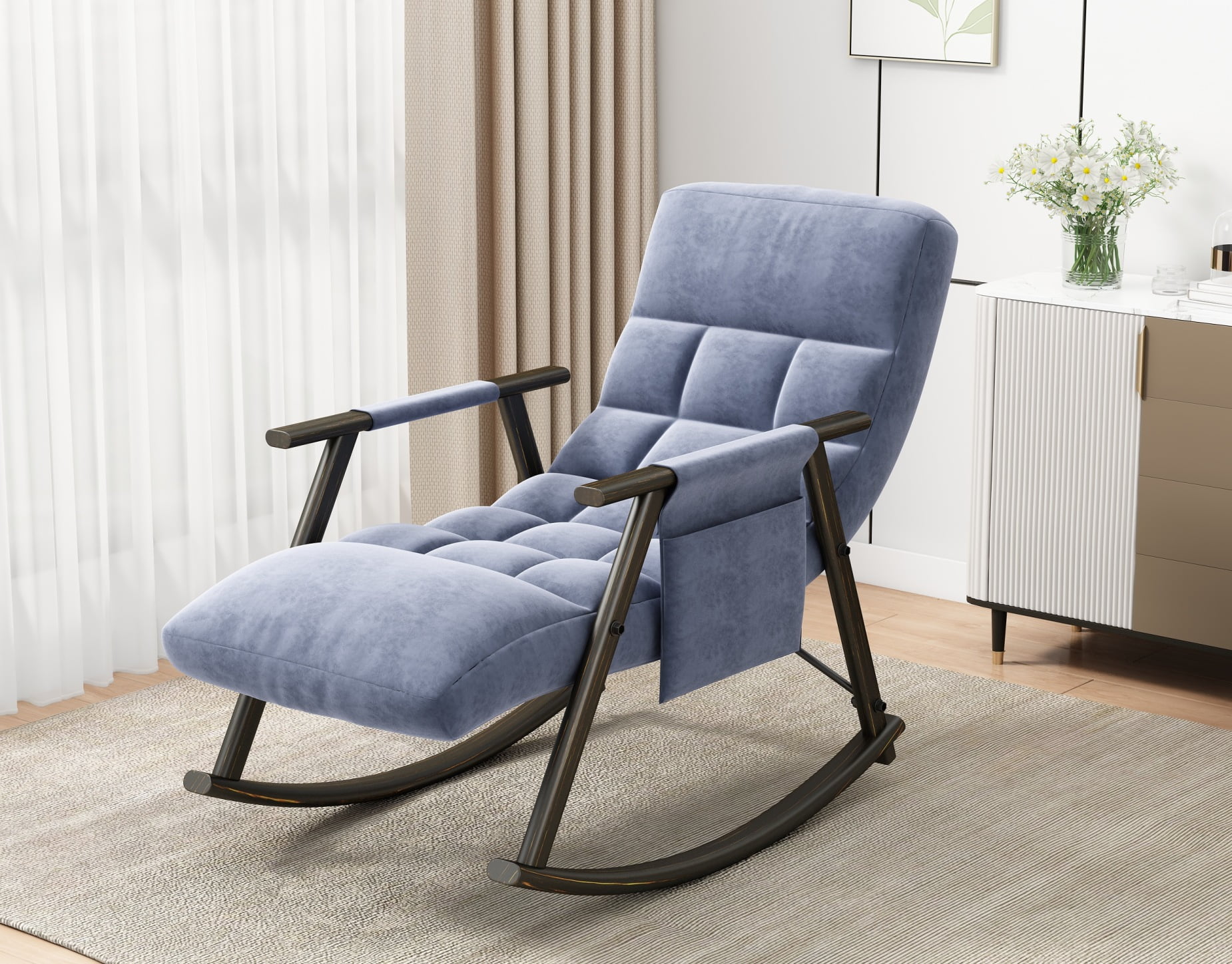 Folding Rocking Chair with Side Pocket, Upholstered Lounge Armchair ...