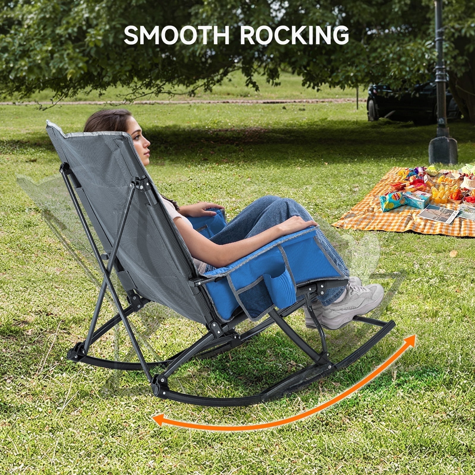 Folding Rocking Chair with Cup Holder and Phone Pocket, Blue (Set of 1 ...