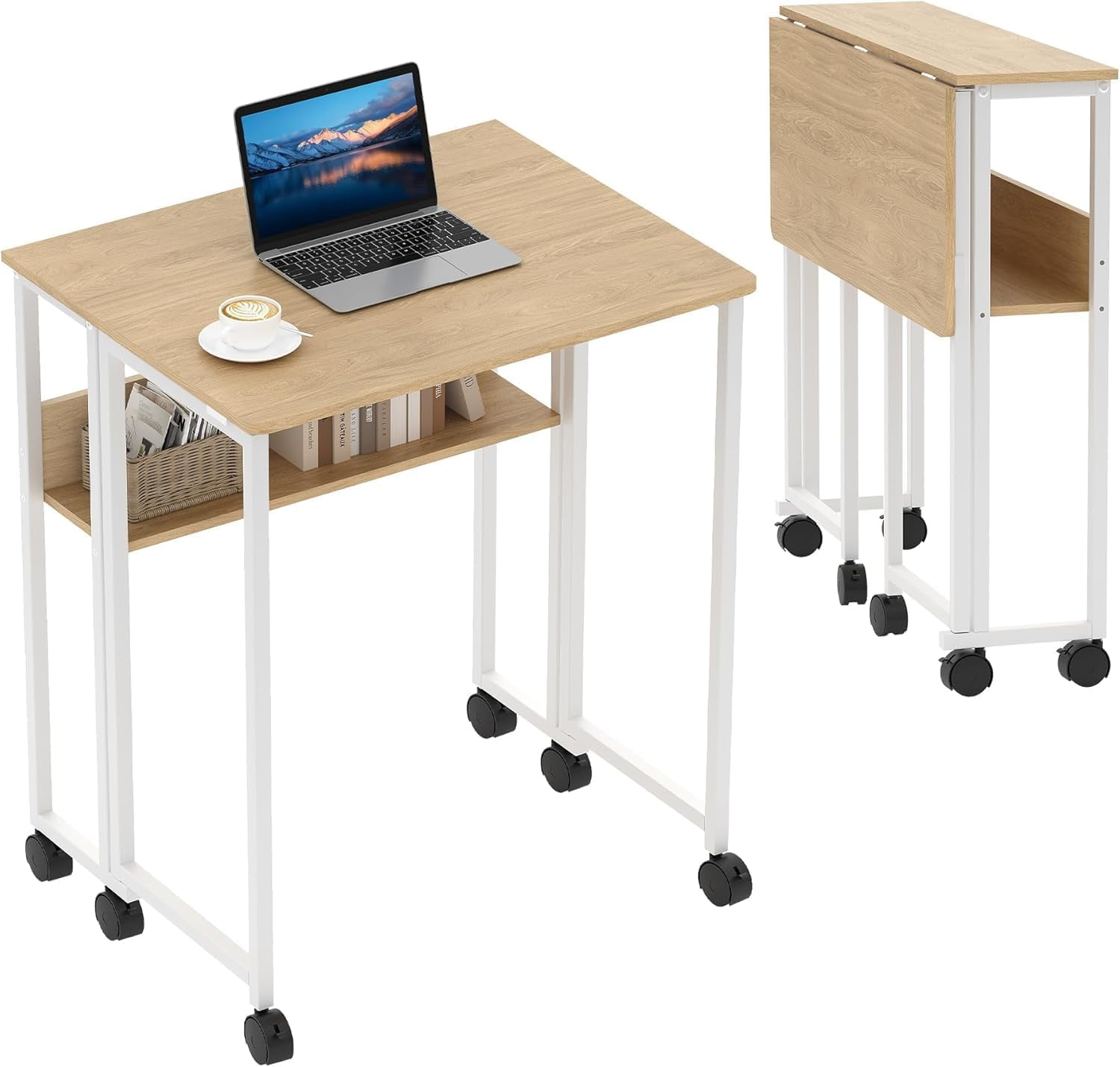 Folding Rolling Desk with Storage Shelf, Space-Saving Portable Computer ...