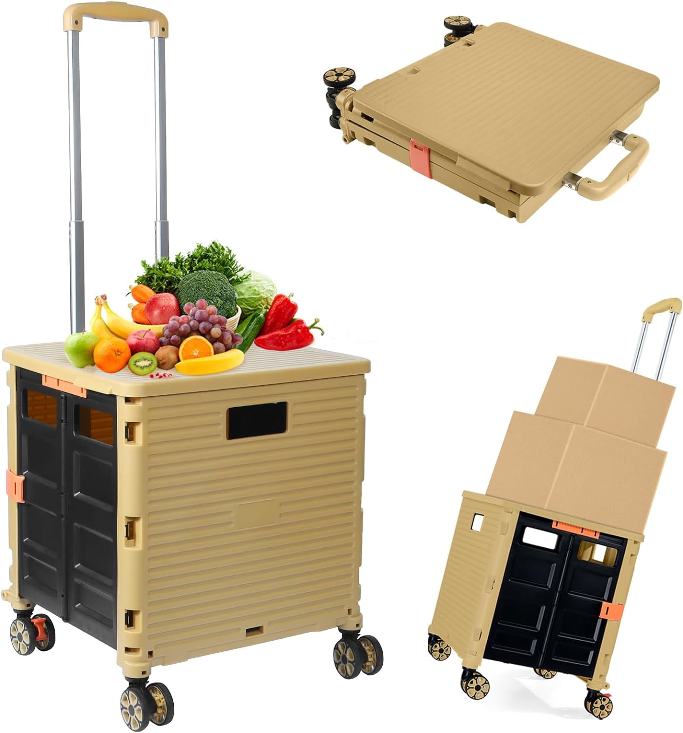 Folding Rolling Utility Cart,Wear-Resistant Noiseless Shopping Trolley ...