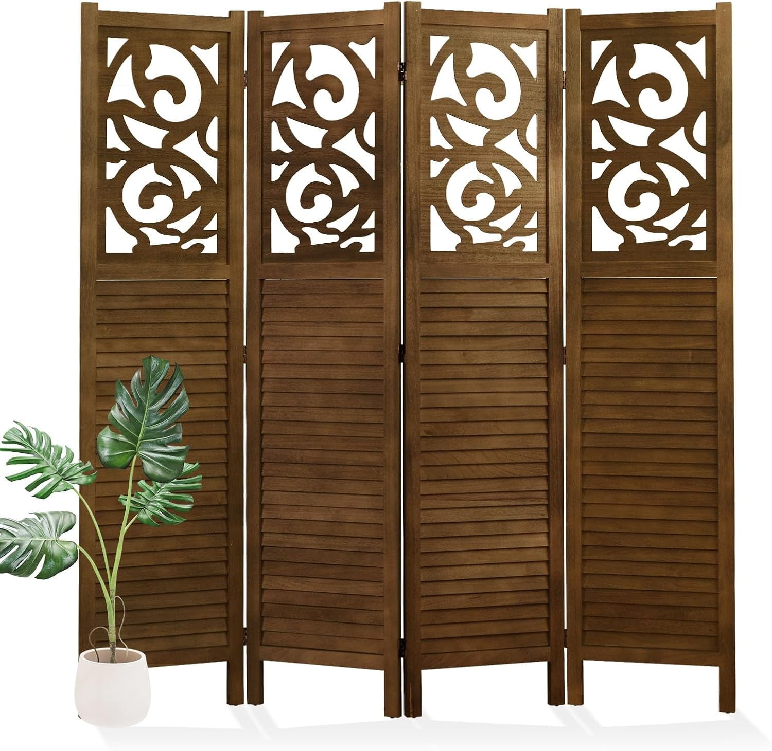 Folding Room Divider, 5.6Ft 4 Panels Wood Carved Privacy Screens, Free ...