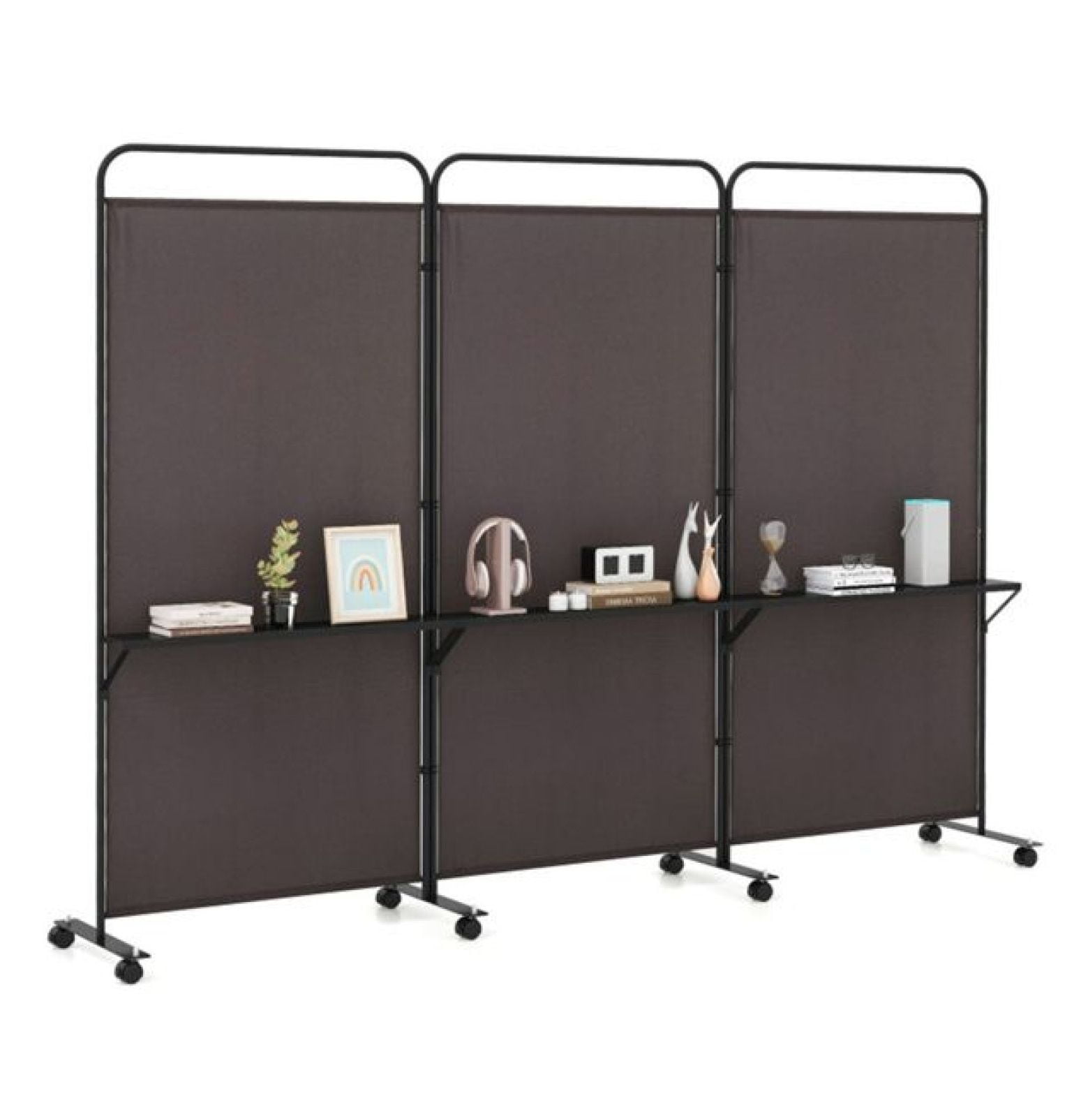 Folding Room Divider - 6ft Rolling Privacy Screen with Shelves, Brown ...