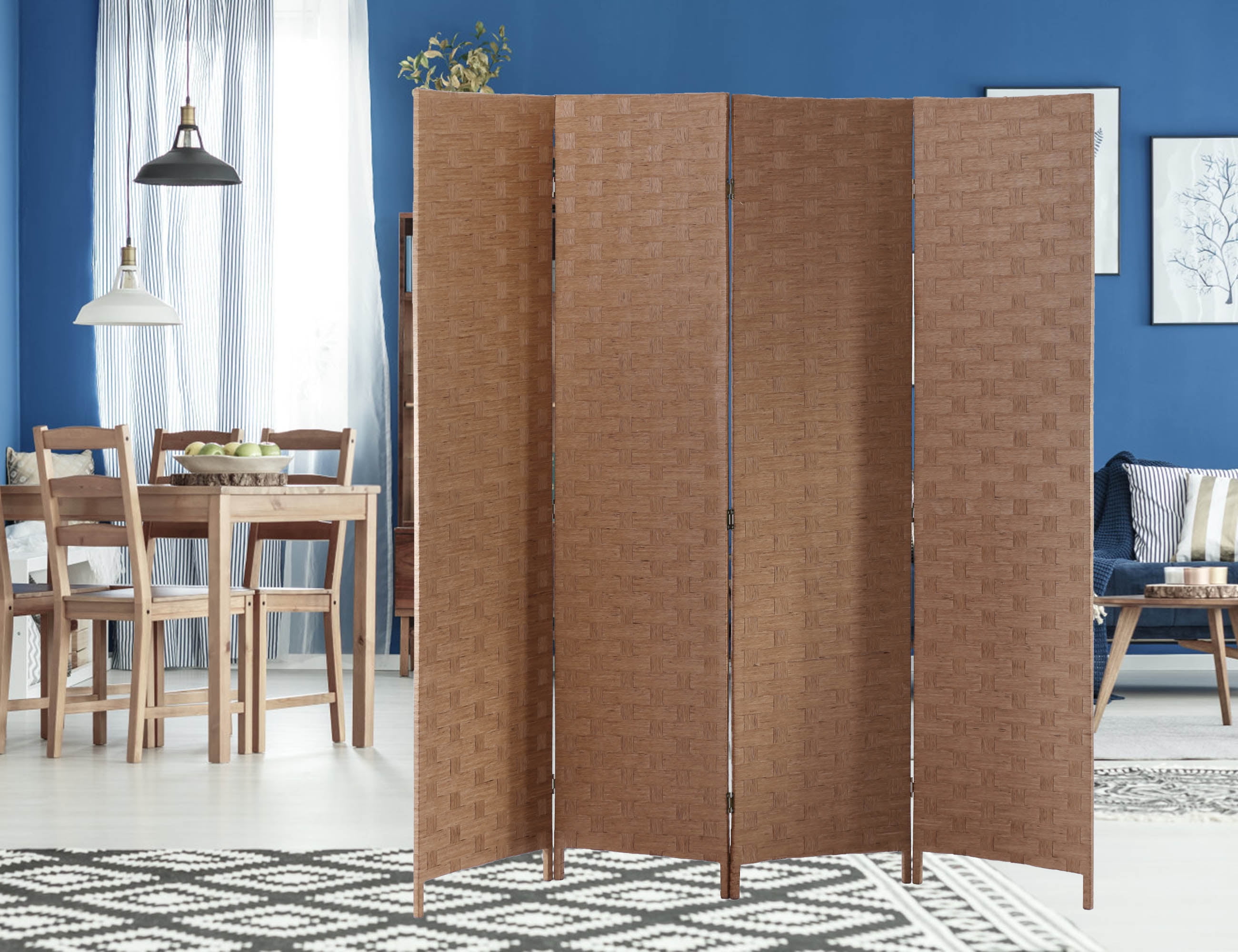 Folding Room Screen Dividers with 4 Panels Wood Mesh Woven Design ...