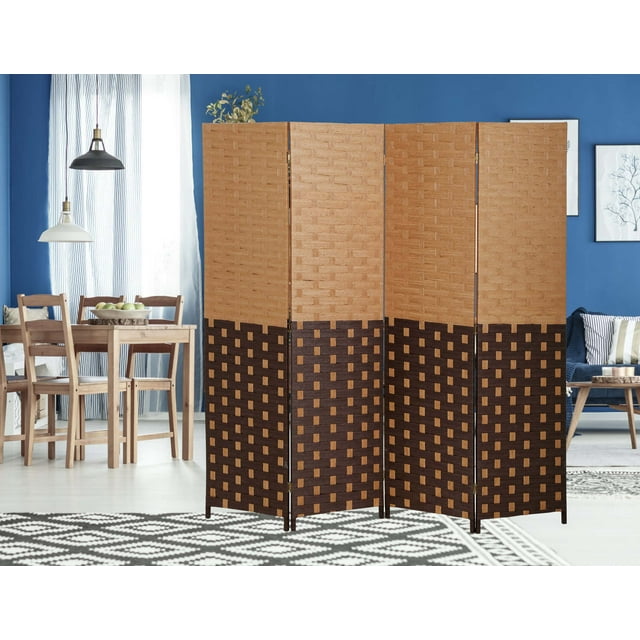 Folding Room Screen Dividers with 4 Panels Wood Mesh Woven Design ...