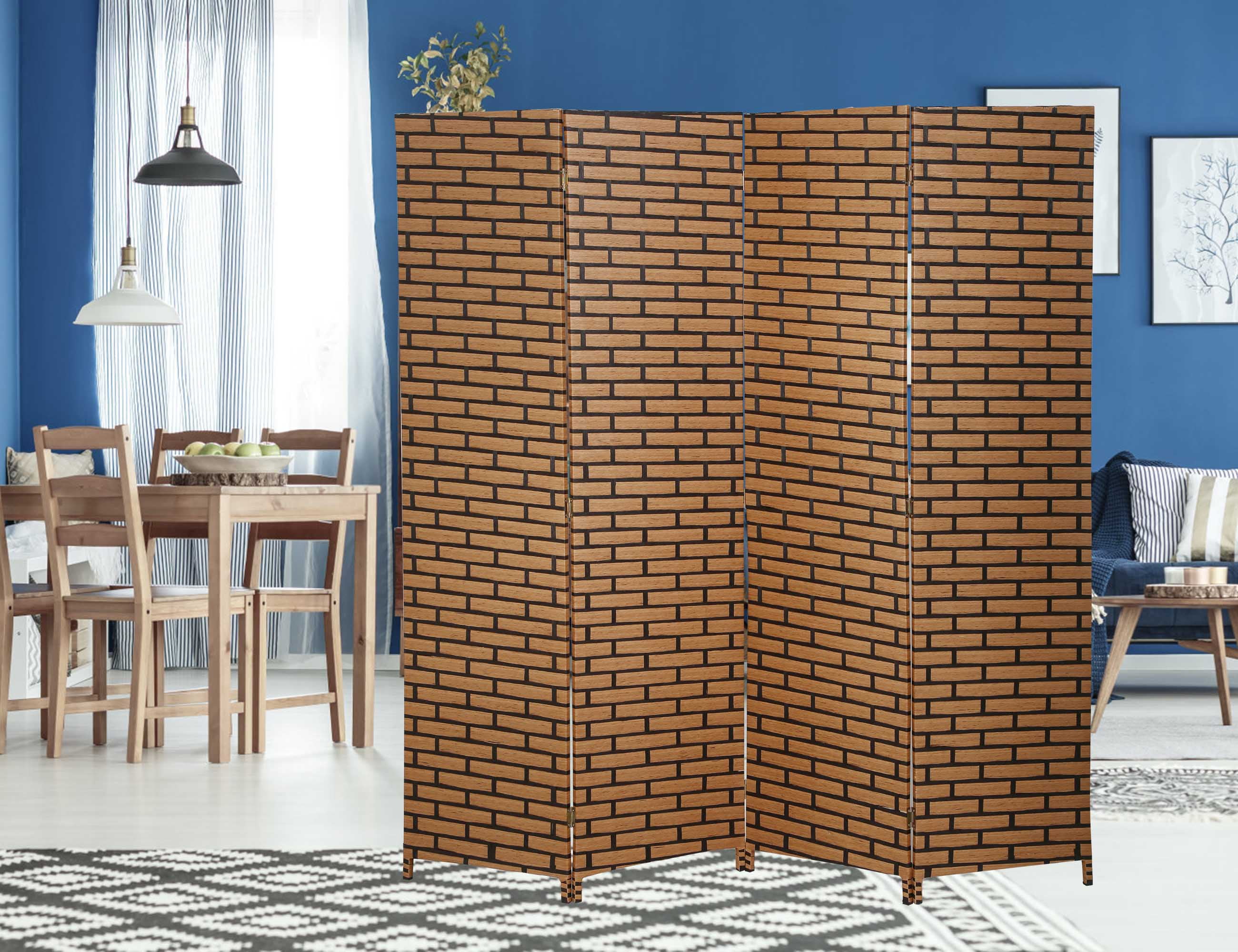 Folding Room Screen Dividers with 4 Panels Wood Mesh Woven Design ...