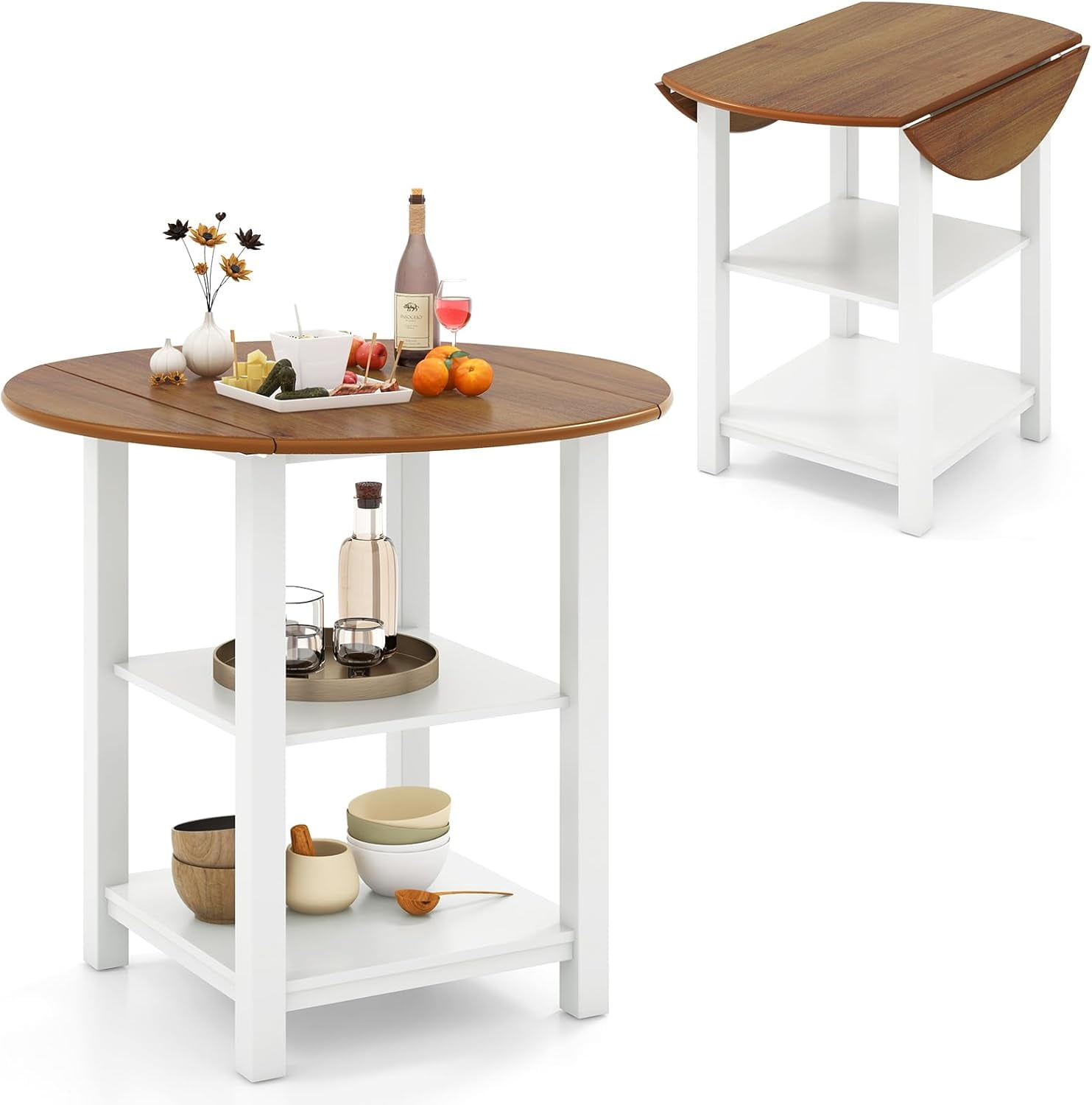 Folding Round Dining Drop Leaf with 2 Shelves for Small Spaces Foldable ...