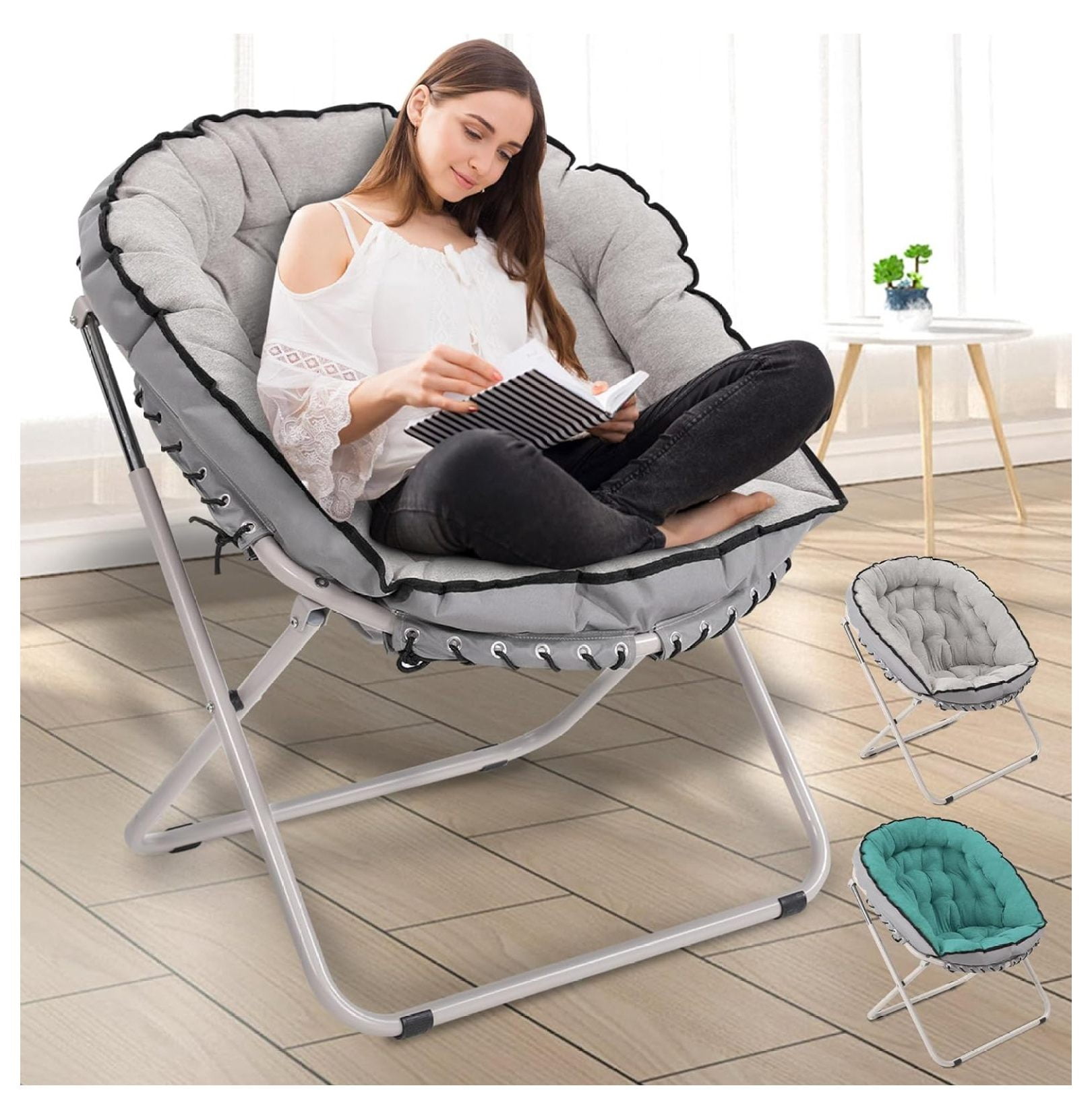 Folding Saucer Chair for Living Room, Cozy Round Dish Circle Chair, Ideal for Bedroom, Small ...