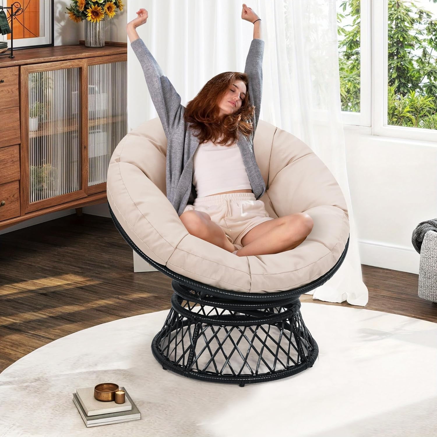 Folding Saucer Chair for Living Room, Cozy Round Dish Circle Chair, Ideal for Bedroom, Small ...