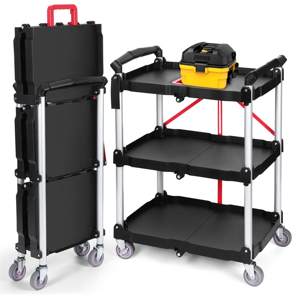 Folding Service Cart with Wheels, 3 Shelf Rolling Foldable Utility Cart ...