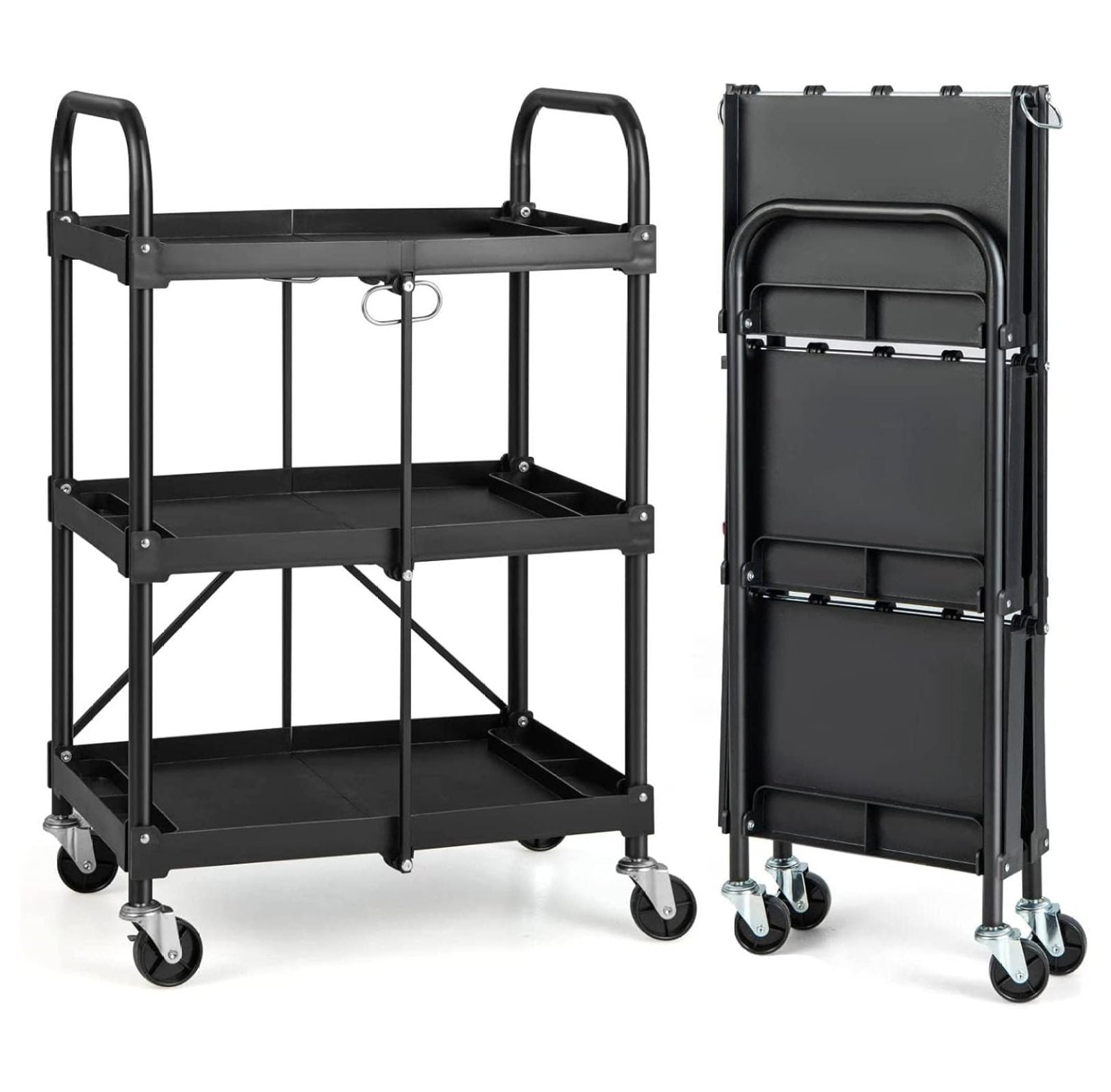 Folding Service Cart with Wheels, Heavy Duty Metal 3 Tier Foldable ...