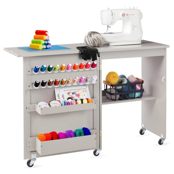 Costway Folding Sewing Table with Storage Shelves 2 Storage Bins & 18 ...