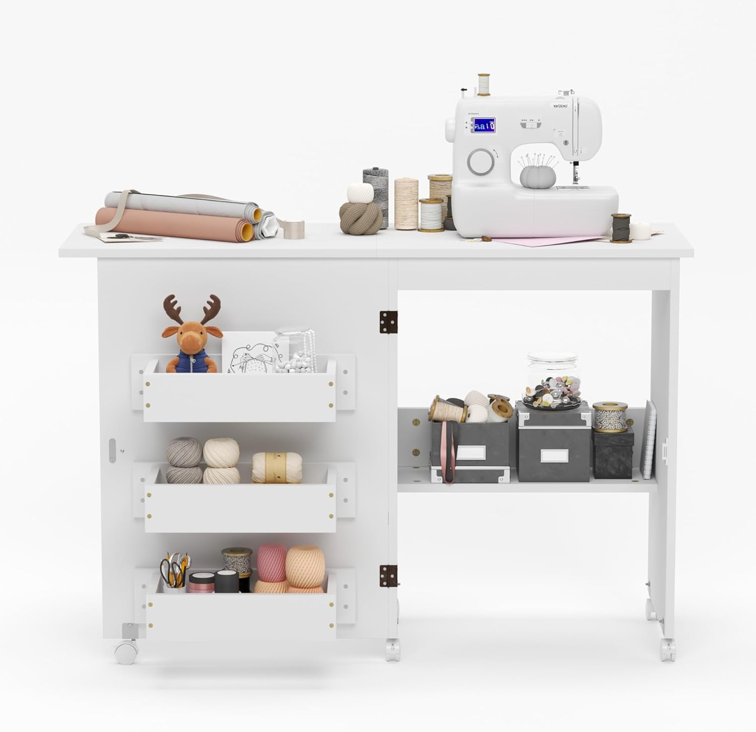 Folding Sewing Table, Rolling Craft Station Table Multipurpose Sewing ...