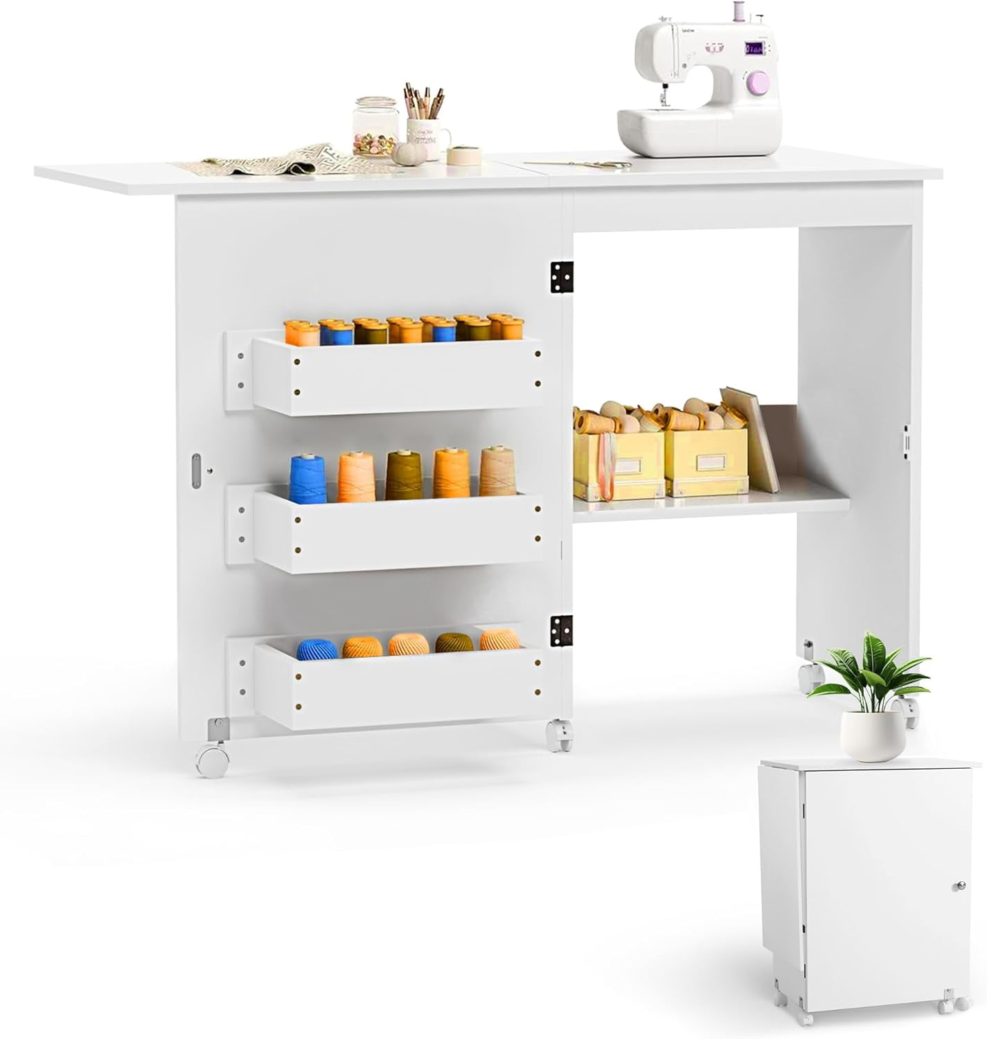 Folding Sewing Table, Rolling Craft Station Table Multipurpose Sewing ...