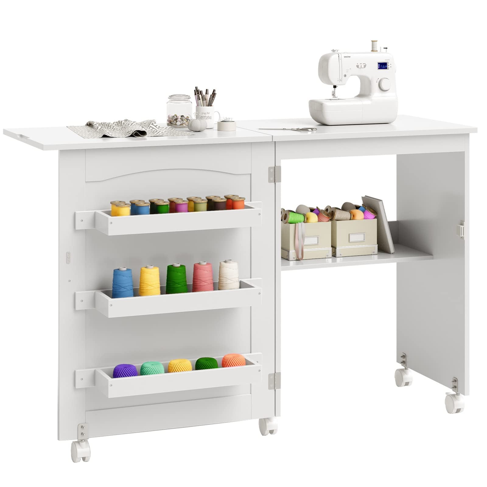 Folding Sewing Workstation with 3 Bins, Rolling Craft Table for Small ...