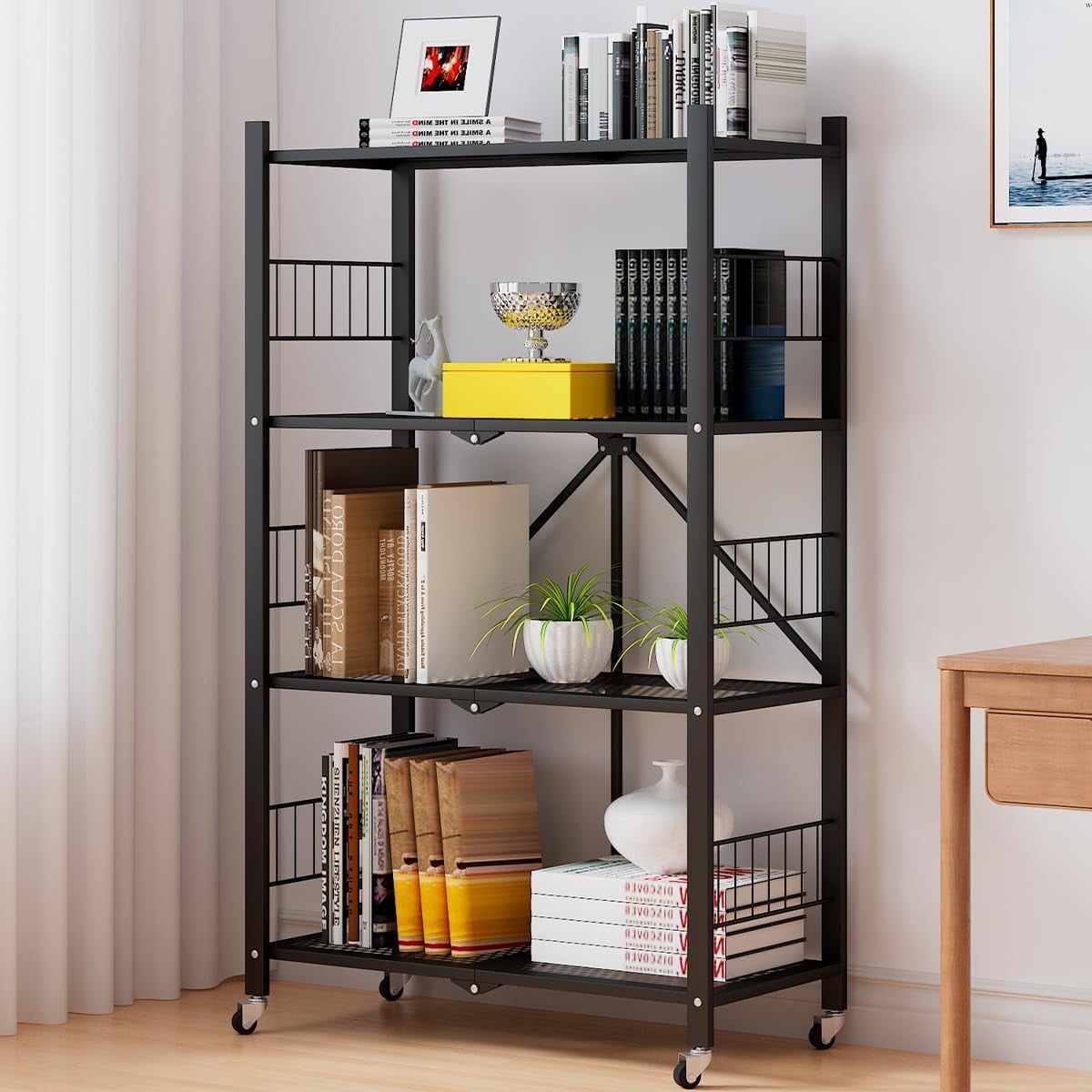 Folding Shelves 3-Tier Metal Shelves with Wheels Shelving Units and ...