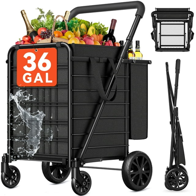 Black Heavy-Duty Folding Shopping Trolley, 350 LBS Capacity, Adjustable ...