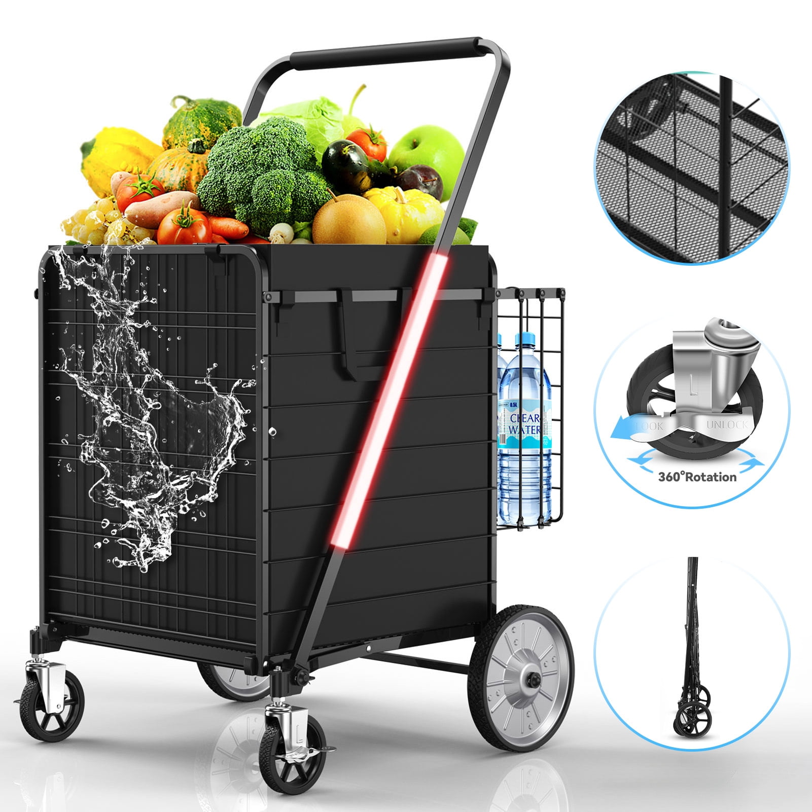 Folding Shopping Cart with 360° Rolling Swivel Braked Wheels - 4.3ft³ ...