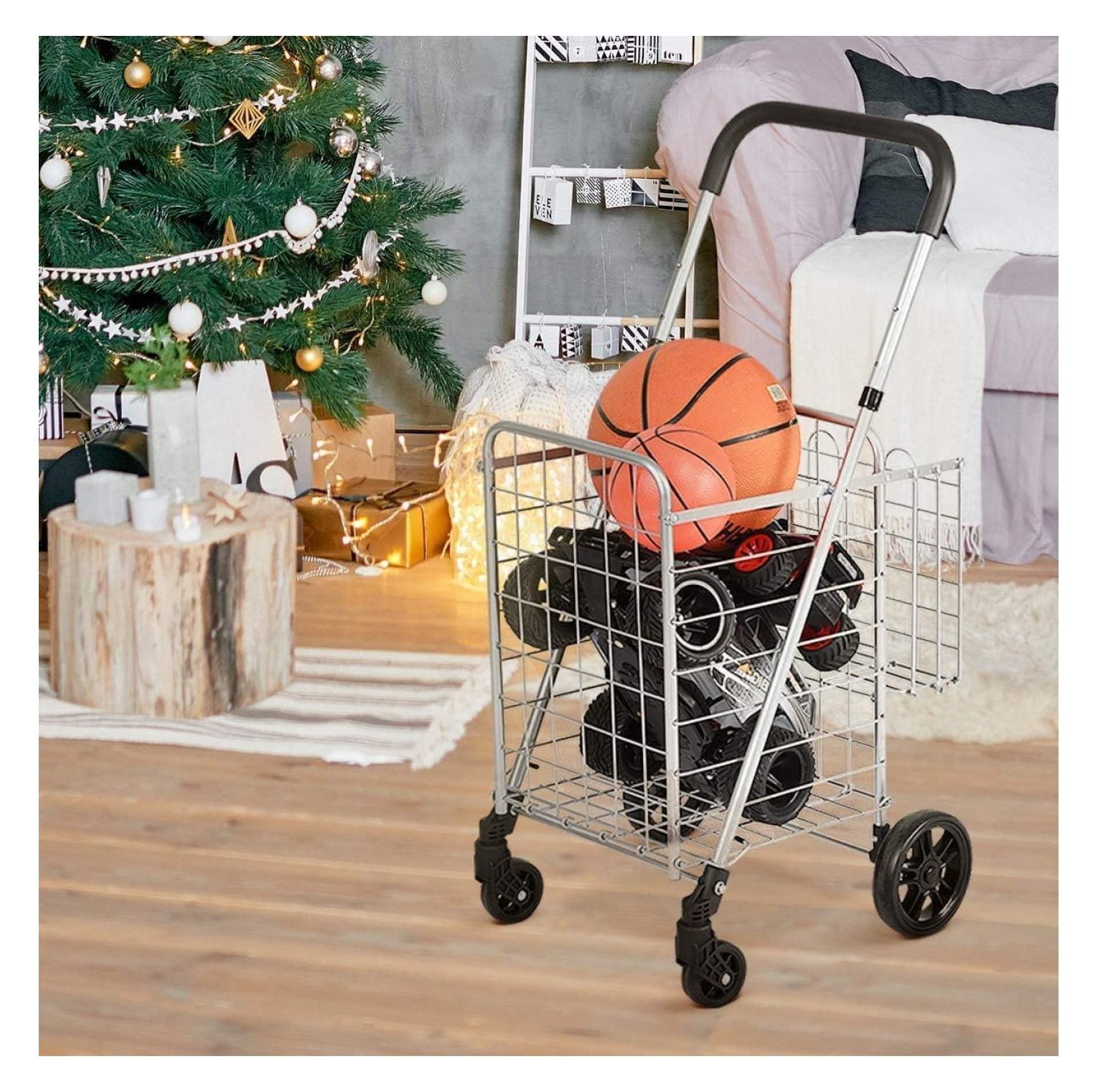 Folding Shopping Cart, Double Basket Supermarket Cart with Adjustable ...
