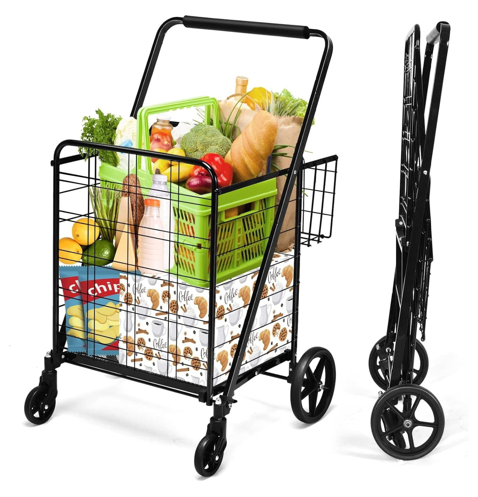 Folding Shopping Cart, Extra Jumbo Double Basket Grocery Cart with 360 ...