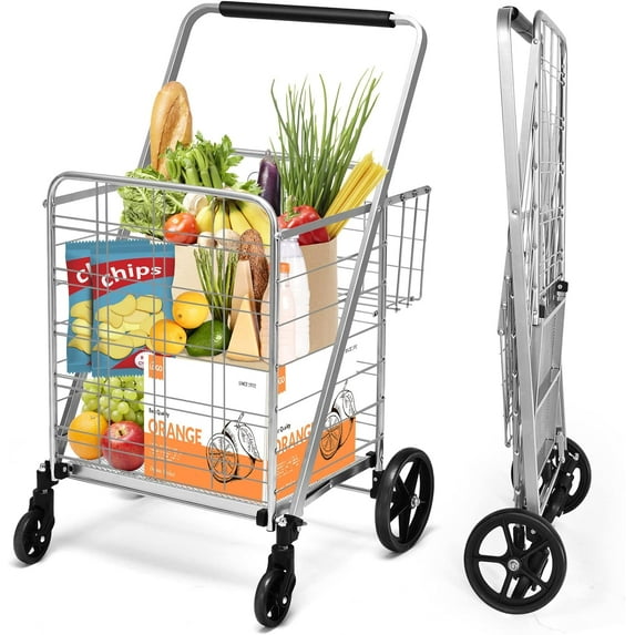Folding Shopping Cart, Extra Jumbo Double Basket Grocery Cart with 360° Swivel Rolling Bearing ...
