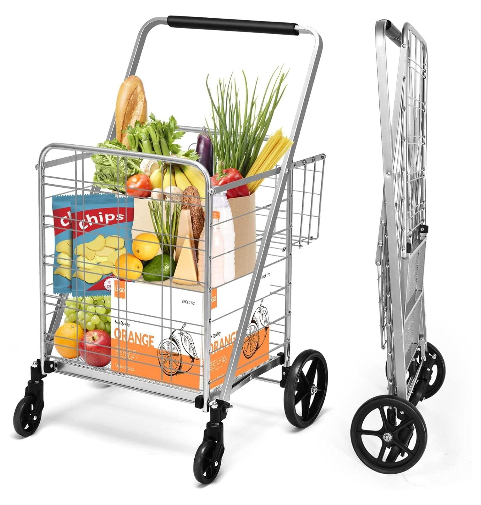 Folding Shopping Cart, Extra Jumbo Double Basket Grocery Cart with 360 ...