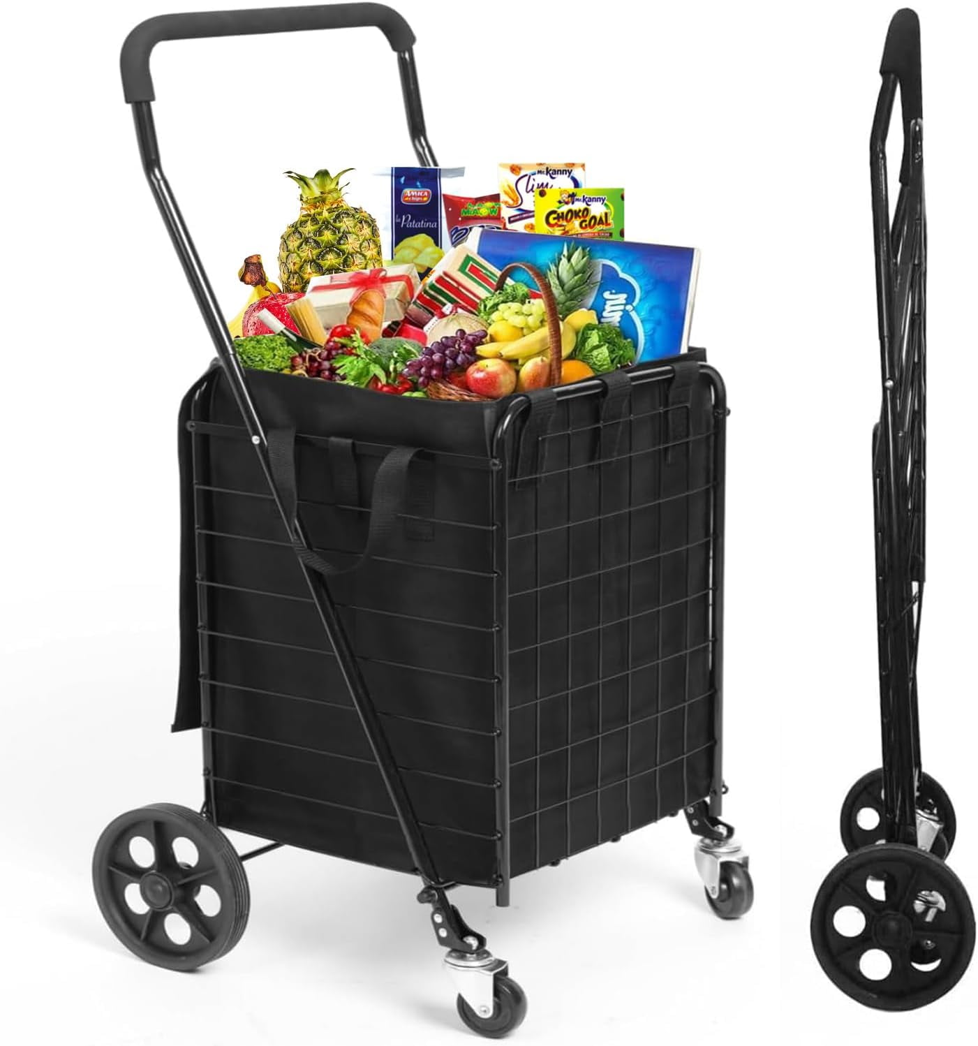 Folding Shopping Cart for Groceries, Grocery Cart with Waterproof Liner ...