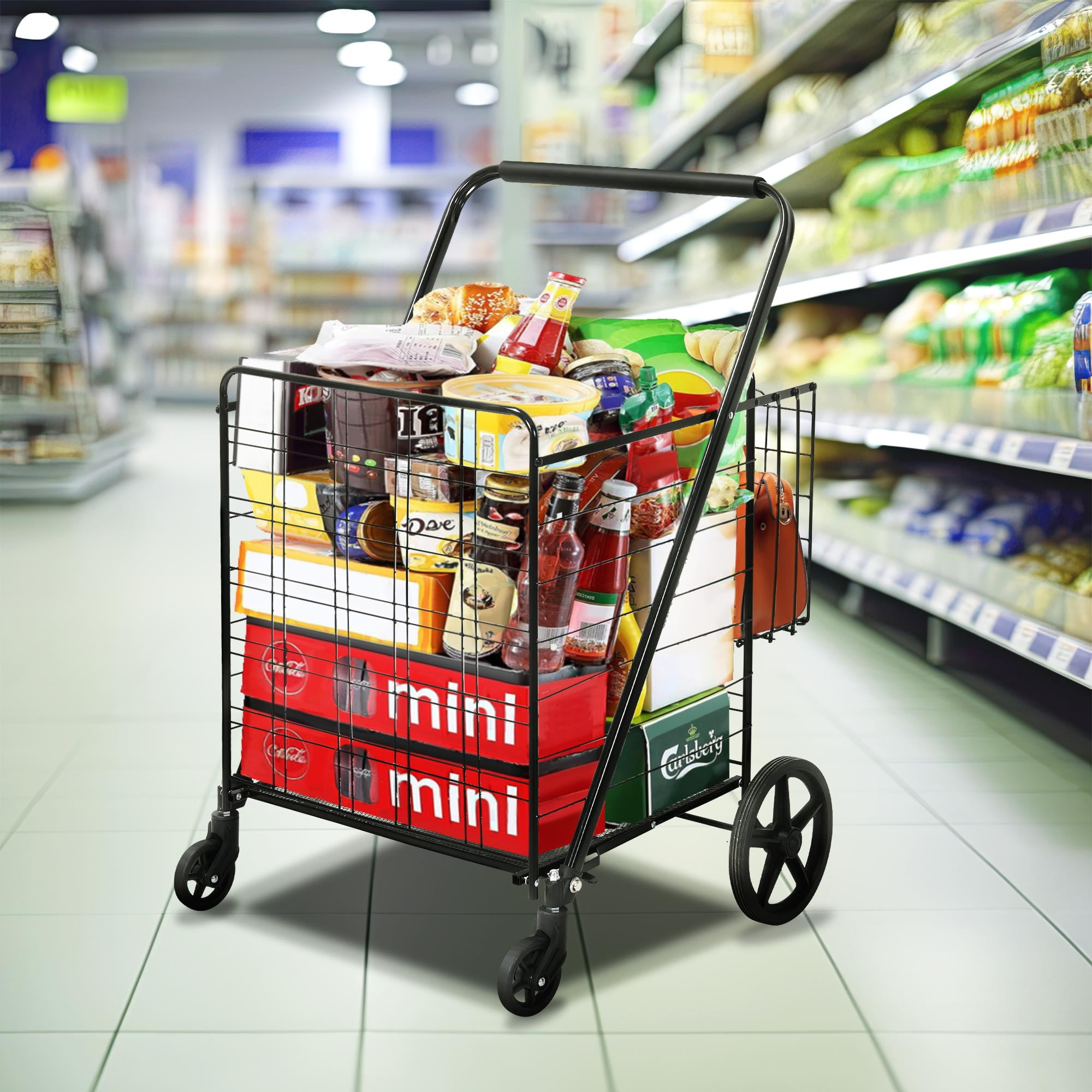Folding Shopping Cart, Heavy Duty Rolling Grocery Cart with Lockable ...