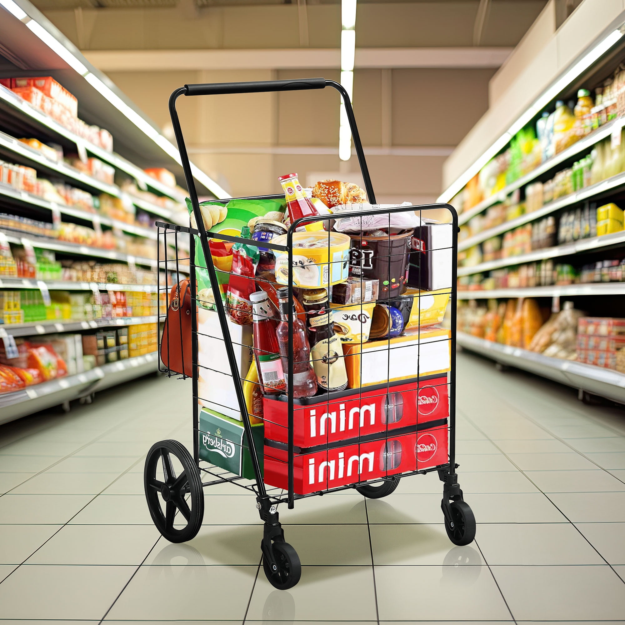 Folding Shopping Cart, Heavy Duty Rolling Grocery Cart with Lockable ...