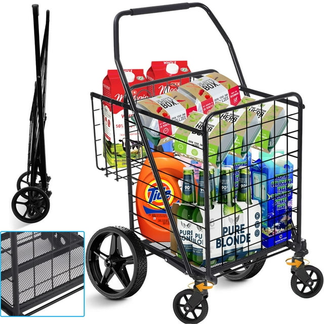 Folding Shopping Cart, Utility Trolley Jumbo Basket with Encrypted Mesh ...
